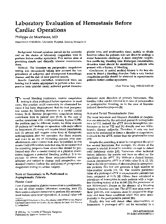 (PDF) Laboratory Evaluation of Hemostasis Before Cardiac Operations