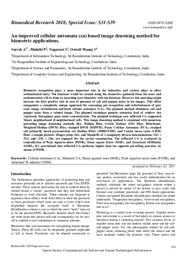 Pdf An Improved Cellular Automata Ca Based Image Denoising Method For Biometric Applications 