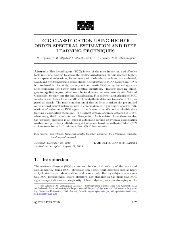 (PDF) Ecg Classification Using Higher Order Spectral Estimation and Deep Learning Techniques