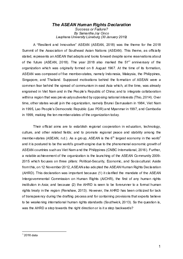 (PDF) The ASEAN Human Rights Declaration: Success of Failure?