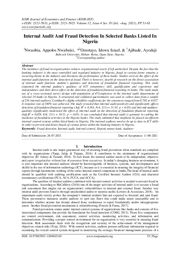 (PDF) Internal Audit And Fraud Detection In Selected Banks Listed In Nigeria