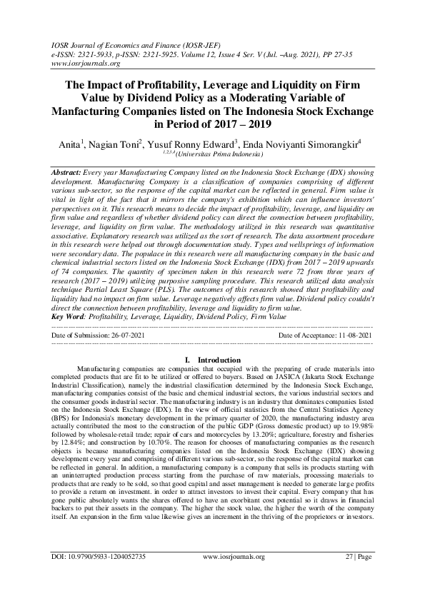 (PDF) The Impact of Profitability, Leverage and Liquidity on Firm Value by Dividend Policy as a ...