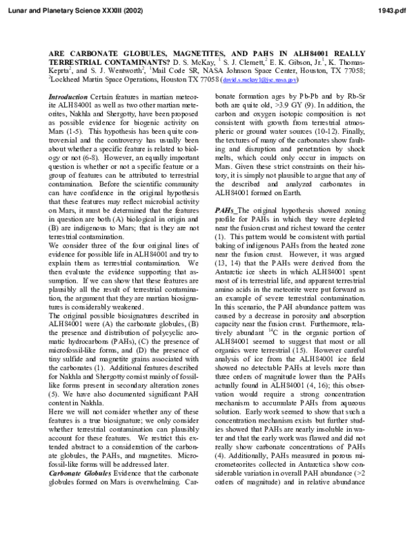(PDF) Are Carbonate Globules, Magnetites, and Pahs in ALH84001 Really