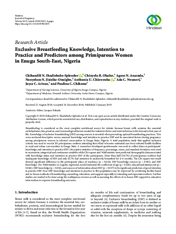 (PDF) Exclusive Breastfeeding Knowledge, Intention to Practice and Predictors among Primiparous ...