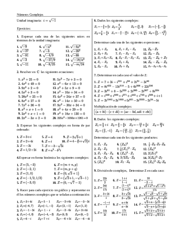 (PDF) Números Complejos, ejercicios