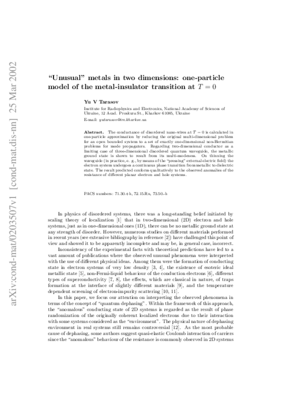 (PDF) Unusual' metals in two dimensions: one-particle model of the ...