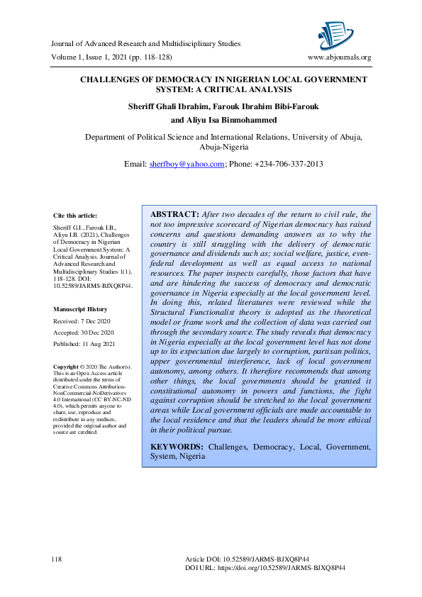 (PDF) CHALLENGES OF DEMOCRACY IN NIGERIAN LOCAL GOVERNMENT SYSTEM: A ...