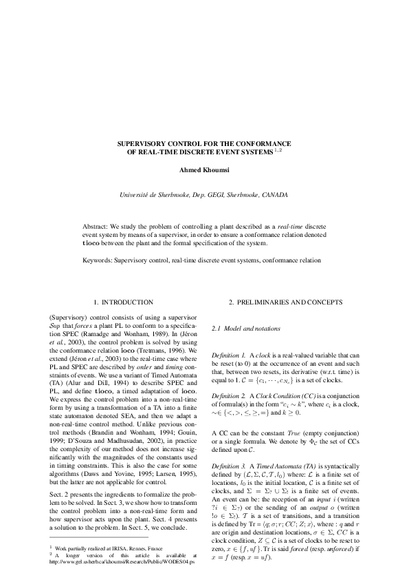 (PDF) A Supervisory Control Method for Ensuring the Conformance of Real-Time Discrete Event Systems