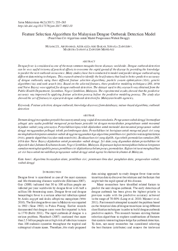 Pdf Feature Selection Algorithms For Malaysian Dengue Outbreak Detection Model