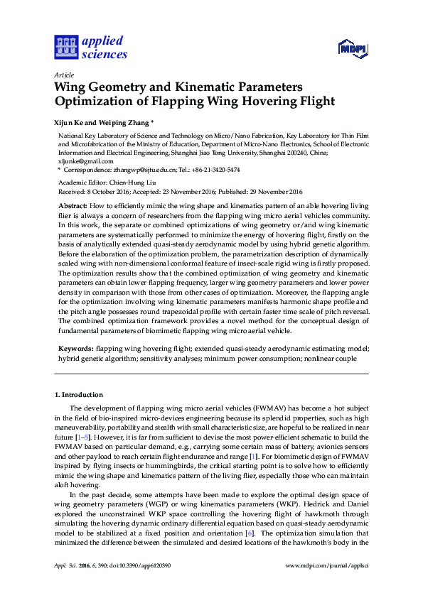 Pdf Wing Geometry And Kinematic Parameters Optimization Of Flapping Wing Hovering Flight