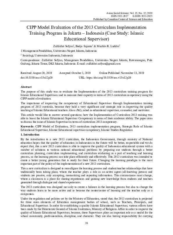 Pdf Cipp Model Evaluation Of The 2013 Curriculum Implementation Training Program In Jakarta