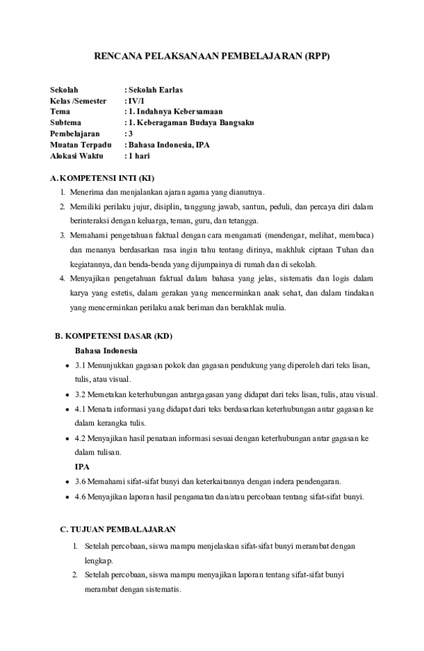 (DOC) RENCANA PELAKSANAAN PEMBELAJARAN (RPP) Sekolah : Sekolah Earlas Kelas /Semester : IV/1 ...