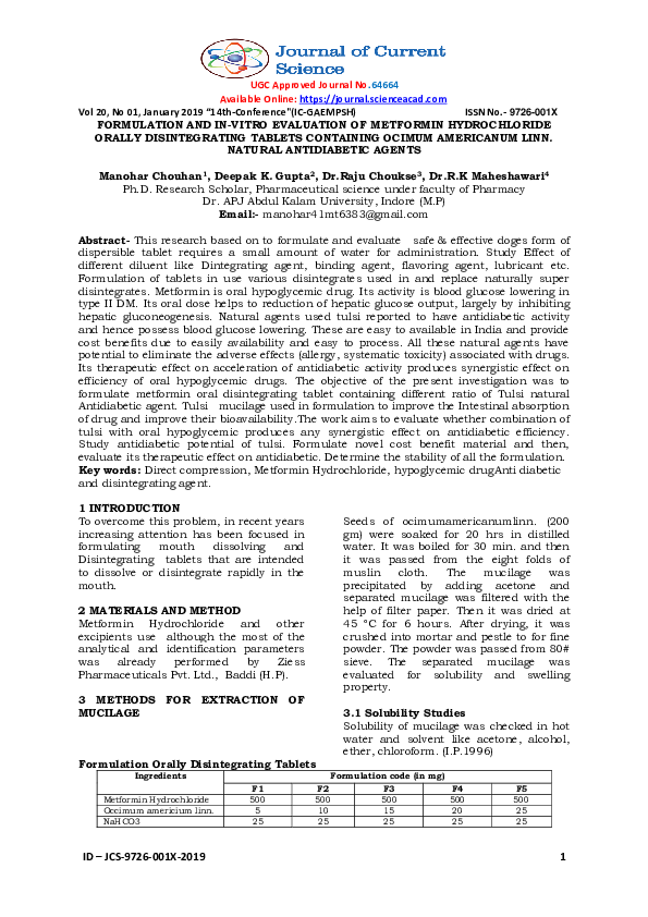 Pdf Formulation And In Vitro Evaluation Of Metformin Hydrochloride Orally Disintegrating