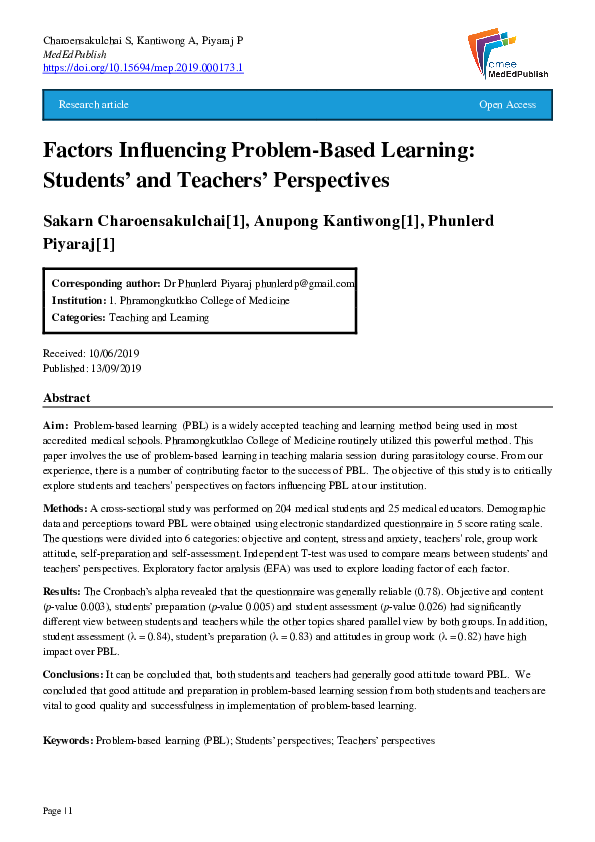 (PDF) Factors Influencing Problem-Based Learning: Students’ and Teachers’ Perspectives