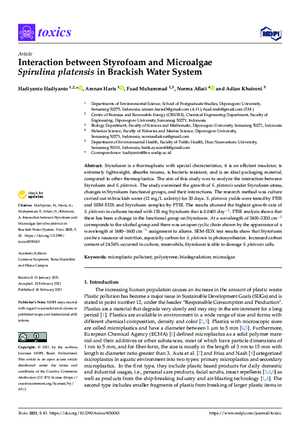 (PDF) Interaction between Styrofoam and Microalgae Spirulina platensis in Brackish Water System