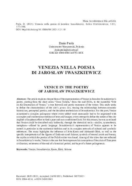 (PDF) Dario Prola, Venezia nella poesia di Jarosław Iwaszkiewicz