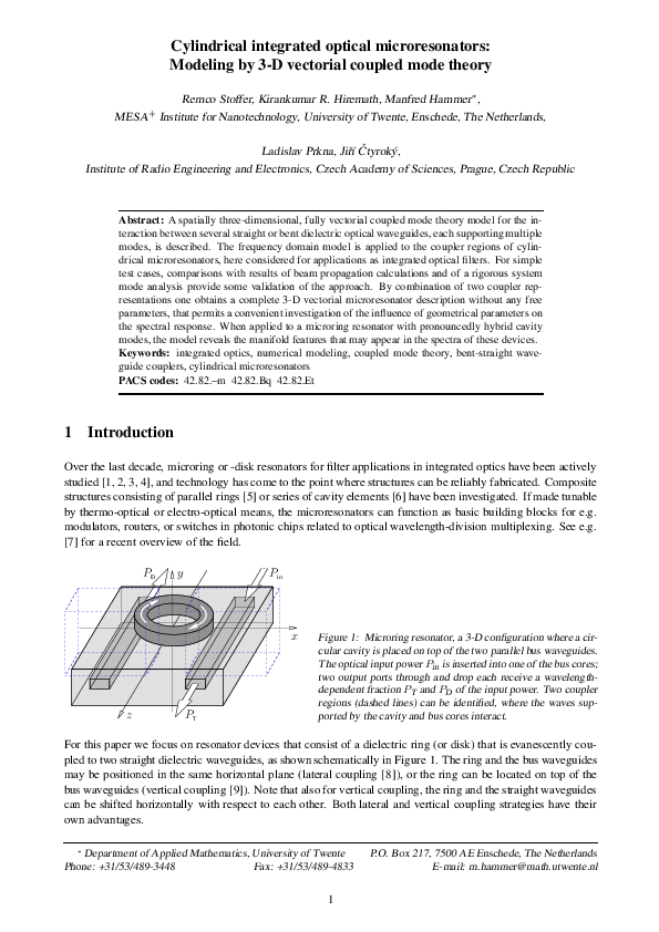 (PDF) Cylindrical integrated optical microresonators: Modeling by 3-D vectorial coupled mode theory