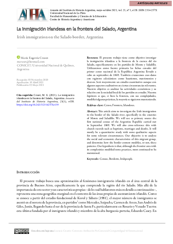(PDF) La inmigración irlandesa en la frontera del Salado, Argentina ...