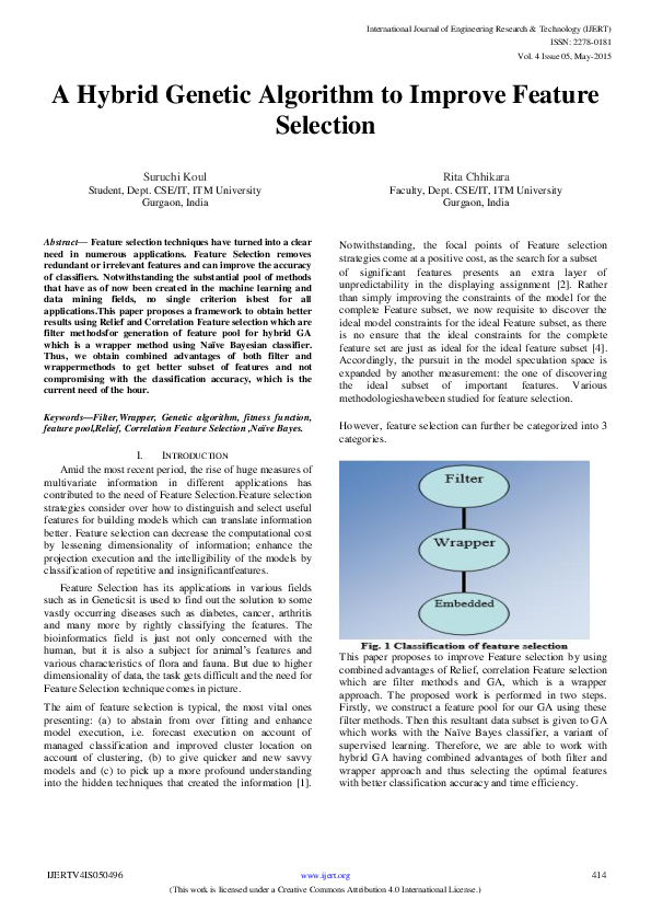 (PDF) A Hybrid Genetic Algorithm to Improve Feature Selection