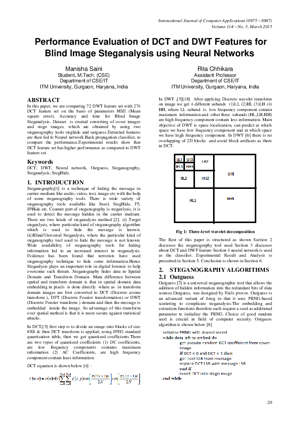 (PDF) Performance Evaluation of DCT and DWT Features for Blind Image Steganalysis using Neural ...
