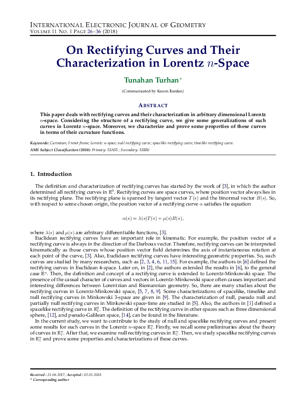 Pdf On Rectifying Curves And Their Characterization In Lorentz N Space