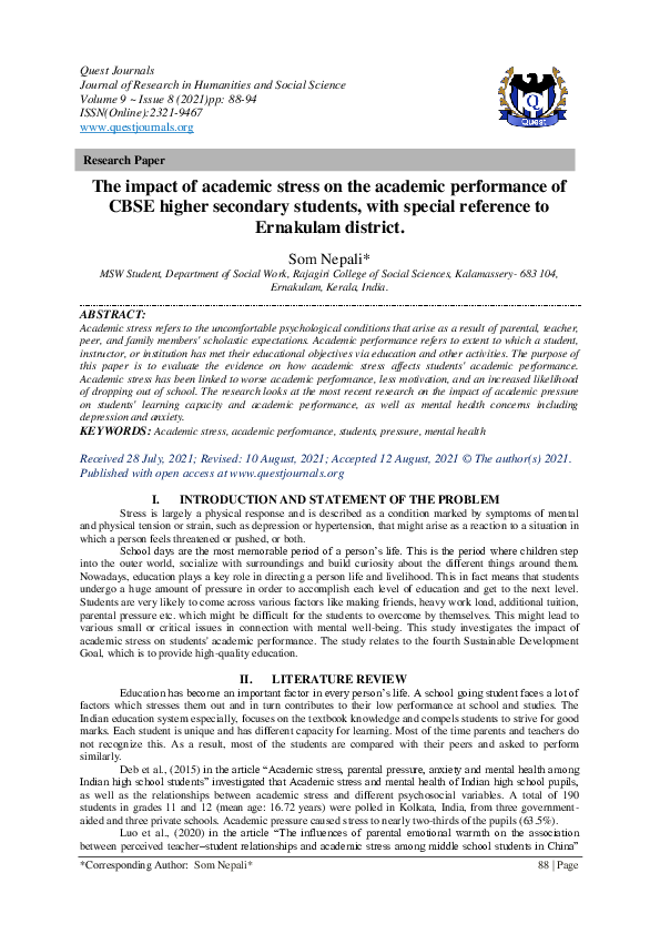 (PDF) The impact of academic stress on the academic performance of CBSE ...