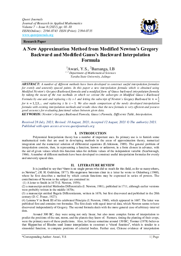 (PDF) A New Approximation Method from Modified Newton's Gregory ...