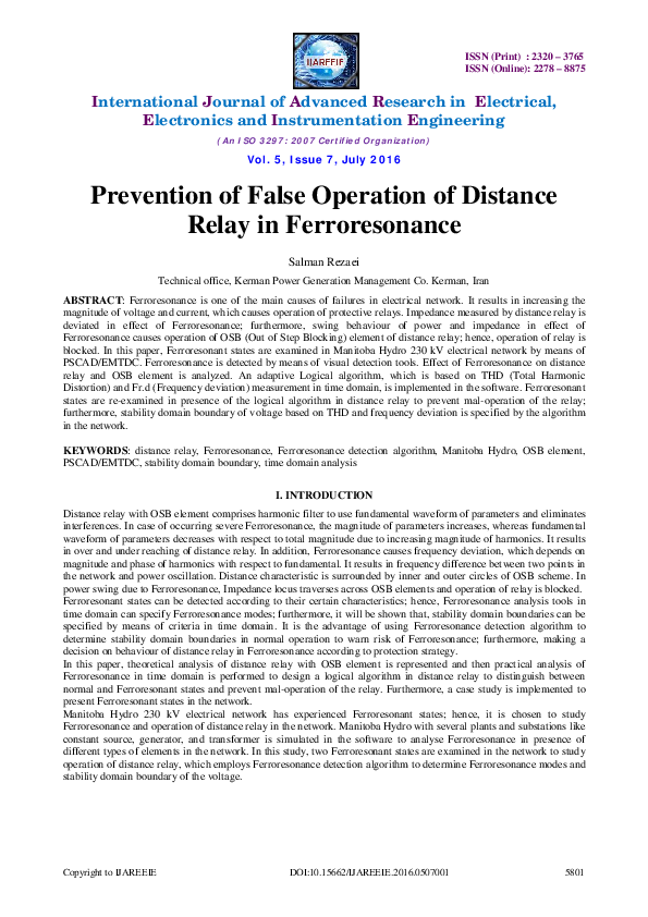(PDF) Prevention of False Operation of Distance Relay in Ferroresonance