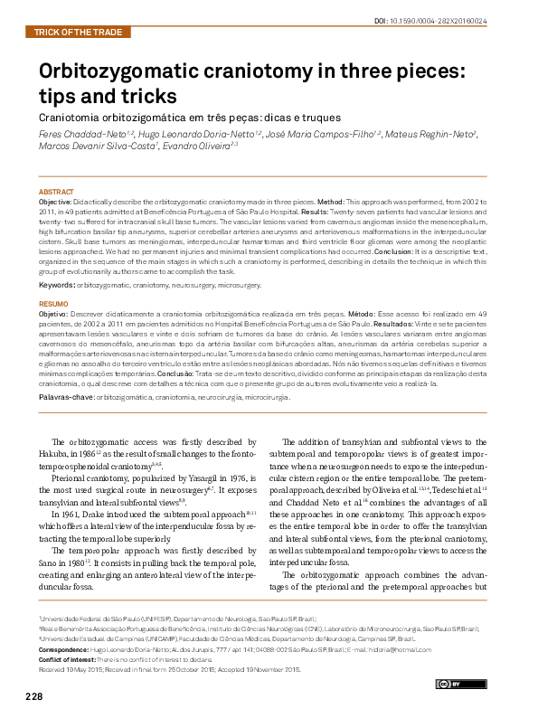 (PDF) Orbitozygomatic craniotomy in three pieces: tips and tricks