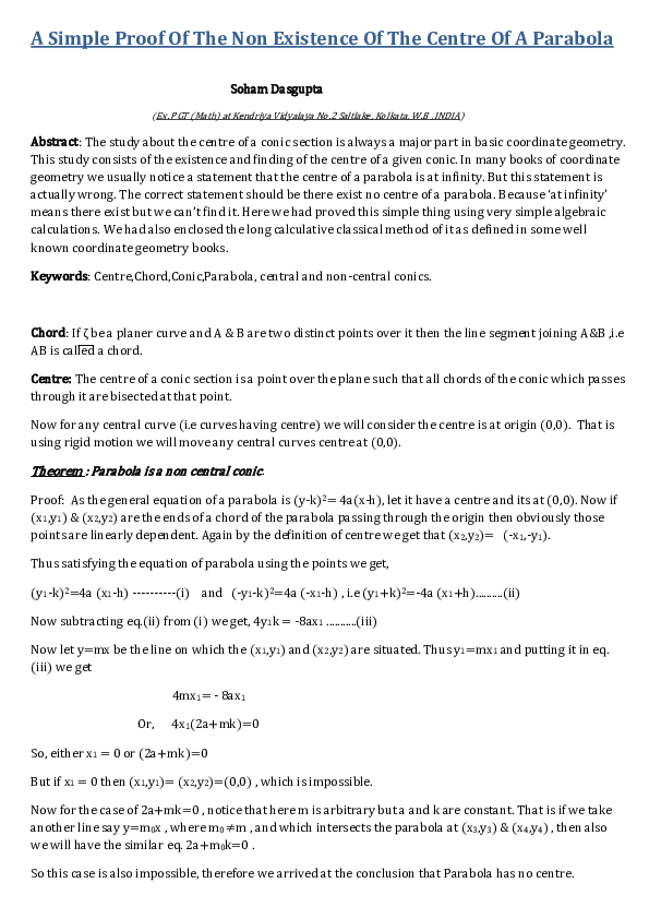 (PDF) A Simple Proof Of The Non Existence Of The Centre Of A Parabola