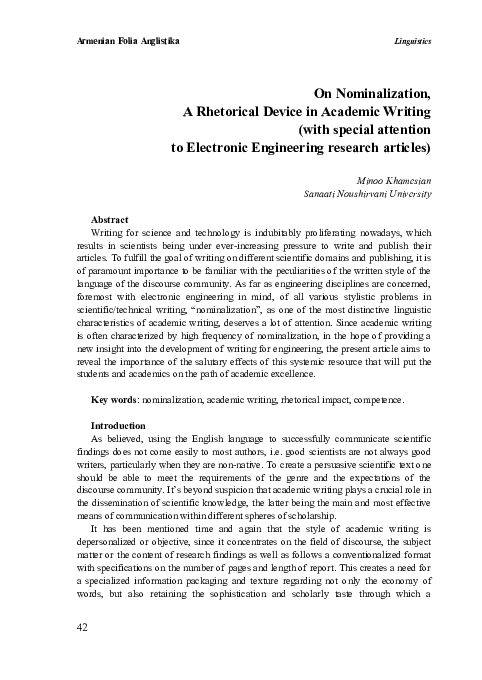 (PDF) On Nominalization, A Rhetorical Device in Academic Writing