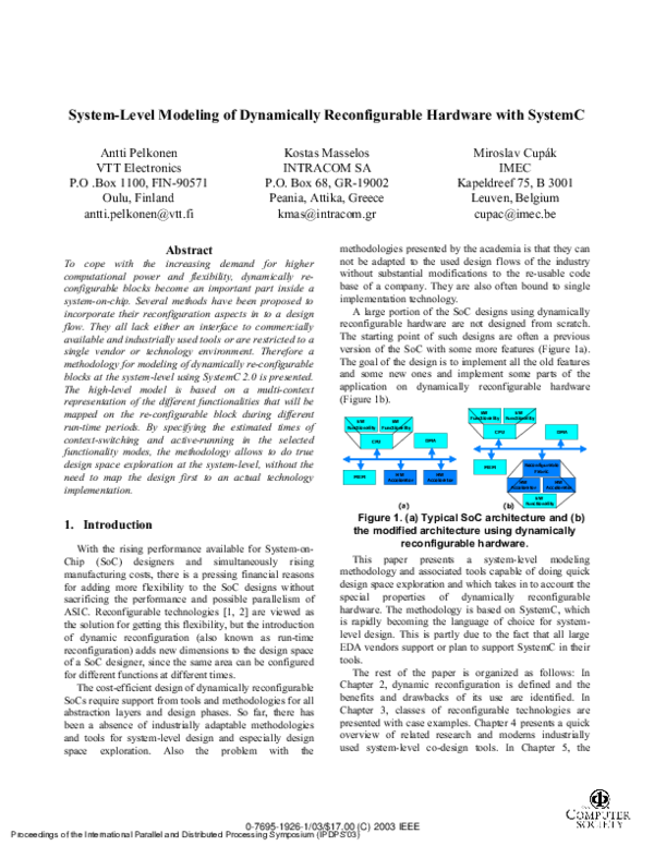Pdf System Level Modeling Of Dynamically Reconfigurable Hardware With