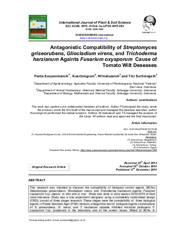 (PDF) Antagonistic Compatibility of Streptomyces griseorubens, Gliocladium virens, and ...