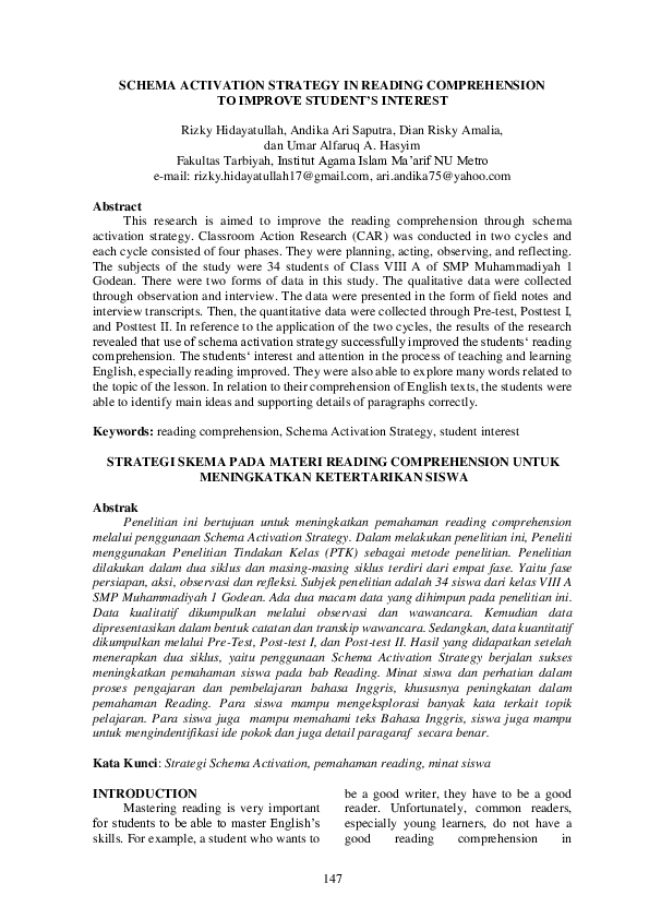 (PDF) Schema activation strategy in reading comprehension to improve ...