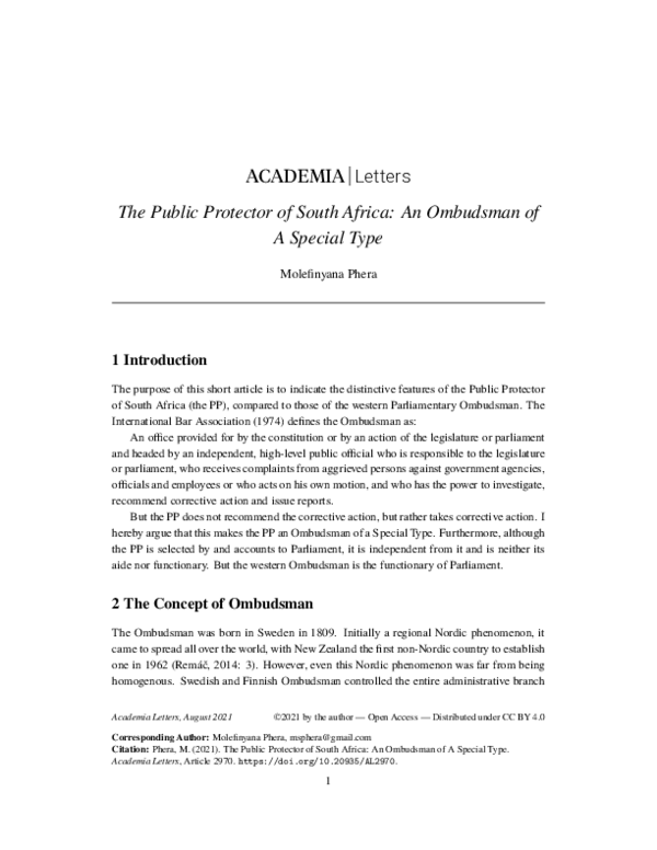 (PDF) The Public Protector of South Africa: An Ombudsman of A Special Type