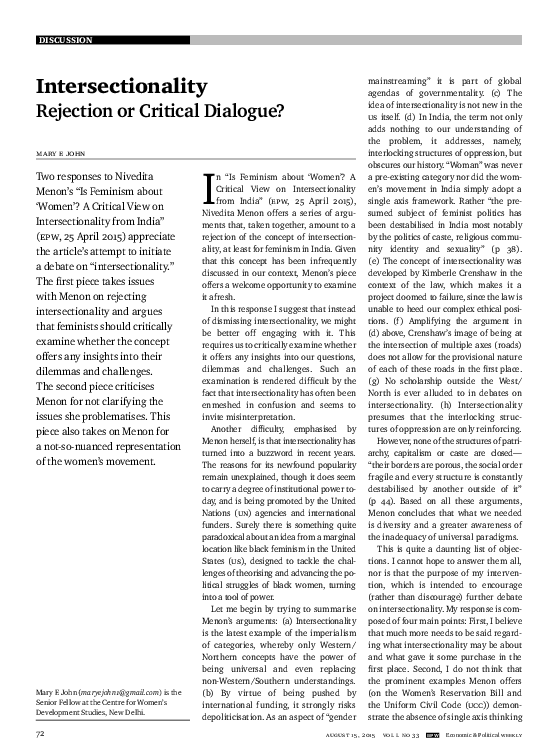 (PDF) Intersectionality: Rejection or Critical Dialogue?