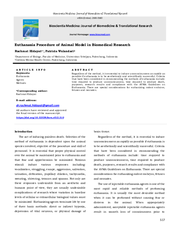 (PDF) Euthanasia Procedure of Animal Model in Biomedical Research