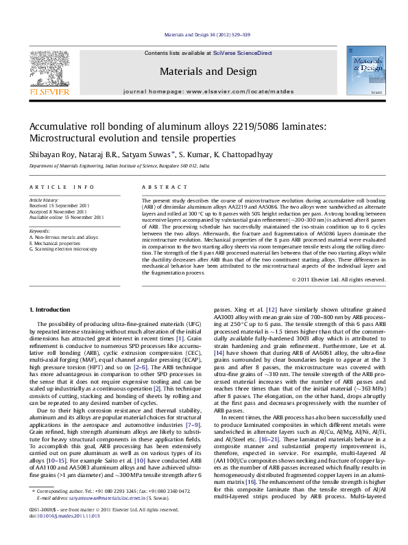 Pdf Accumulative Roll Bonding Of Aluminum Alloys 2219 5086 Laminates Microstructural