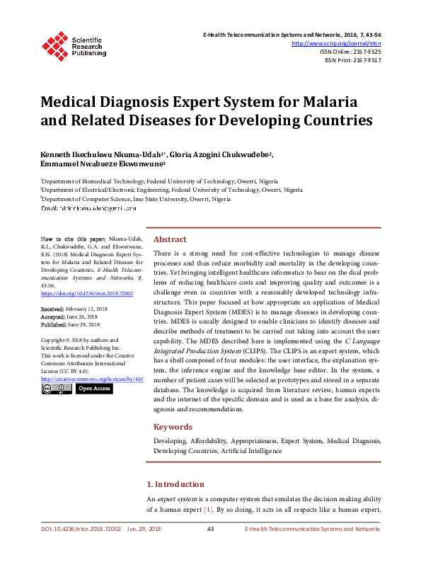 (PDF) Medical Diagnosis Expert System for Malaria and Related Diseases for Developing Countries