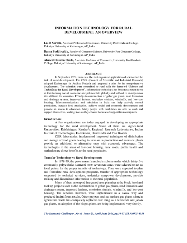 (PDF) INFORMATION TECHNOLOGY FOR RURAL DEVELOPMENT: AN OVERVIEW