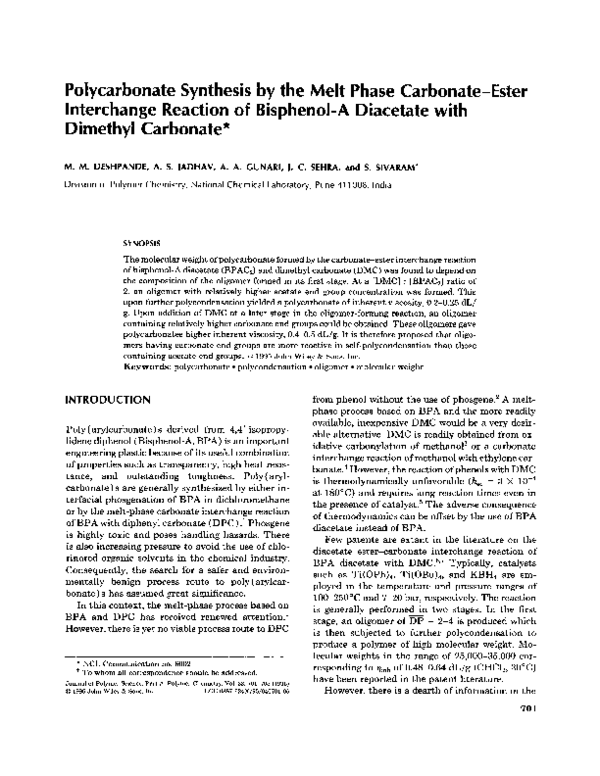 (PDF) Polycarbonate synthesis by the melt phase carbonate-ester ...