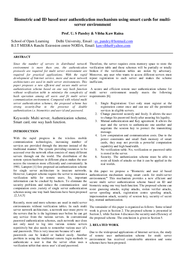 (PDF) Biometric and ID based user authentication mechanism using smart cards for multiserver ...