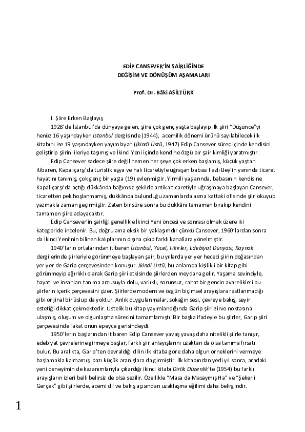 (PDF) EDİP CANSEVER'İN ŞAİRLİĞİNDE DEĞİŞİM VE DÖNÜŞÜM AŞAMALARI