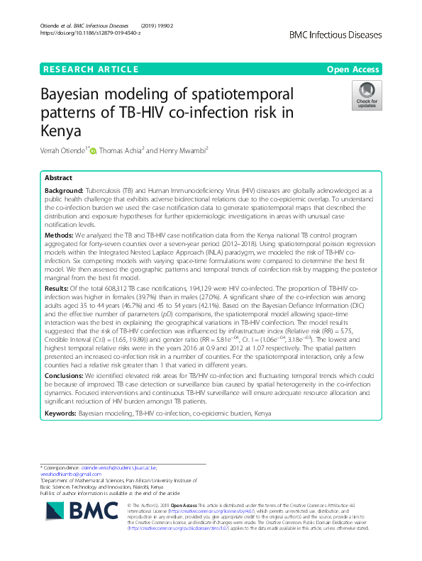 (PDF) Bayesian Modeling of Spatiotemporal patterns of TB-HIV co-infection risk in Kenya