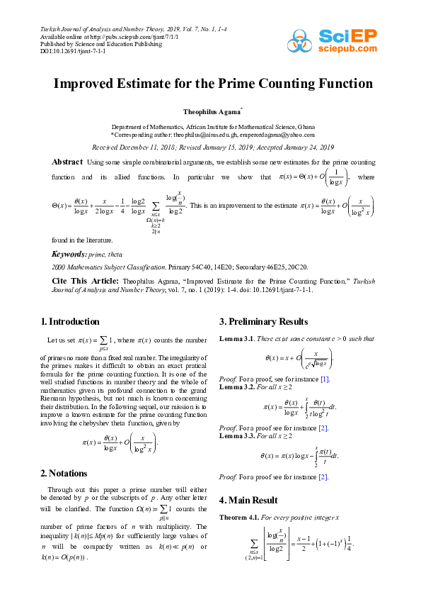 Pdf Improved Estimate For The Prime Counting Function Theophilus Agama