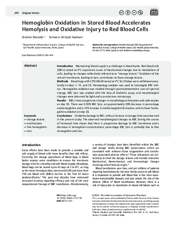 (PDF) Hemoglobin Oxidation in Stored Blood Accelerates Hemolysis and ...