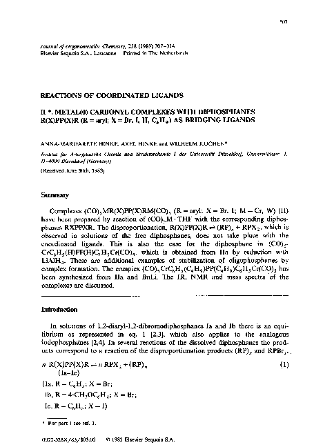 (PDF) Reactions of coordinated ligands II. Metal(0) carbonyl complexes with diphosphanes R(X)PP ...