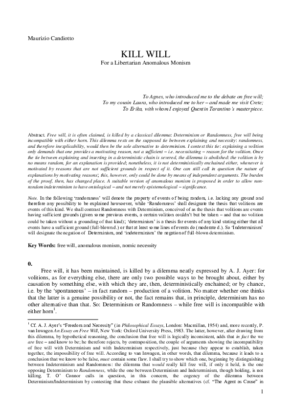 (PDF) KILL WILL. For a Libertarian Anomalous Monism