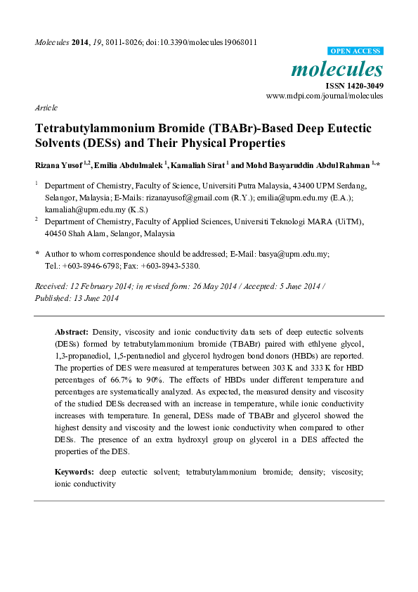(PDF) Tetrabutylammonium Bromide (TBABr)-Based Deep Eutectic Solvents ...