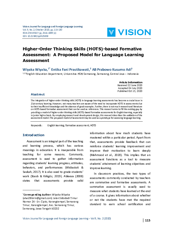 (PDF) Higher-Order Thinking Skills (HOTS)-based Formative Assessment: A ...